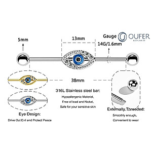 OUFER Eyes Industrial Barbells, 316L Surgical Steel Industrial Earrings, Clear CZ Paved 14G Gold Industrial Piercing Jewelry, Cartilage Earrings