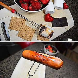 Emopeak Marshmallow Roasting Sticks 4 Pack, Roasting Sticks with Wooden Handle 32 Inch Extendable BBQ Forks Telescoping Smores Sticks for Fire Pit, Campfire