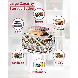 Southwest Geometry Cube Storage Organizer Bins with Handles,15x11x9.5 Inch Collapsible Canvas Cloth Fabric Storage Basket,Rustic Boho Native American Tribal Books Kids' Toys Bin Boxes for Shelves