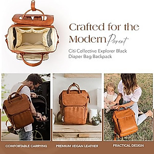 Citi Collective Explorer Brown Diaper Bag Backpack - Vegan Leather Diaper Bag with Shoulder Strap, Insulated Bottle Pockets, Changing Pad, Stroller Clip- Versatile Diaper Bag for Baby
