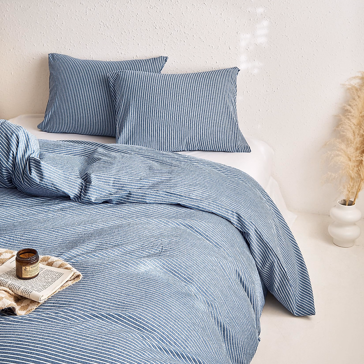 Wake In Cloud - Striped Cotton Duvet Cover Set, 100% Washed Cotton Textured Percale Bedding Set, Ticking Stripe Pinstripe Farmhouse, 3 Pieces, Denim Blue, Queen Size