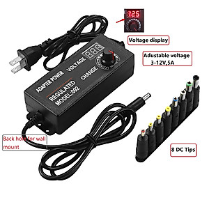 Universal Adjustable AC/DC Switching Power Adapter,AC to DC Power Supply Adapter 3-12v 5A Switching Adjustable Output with Multiple Tips,Black