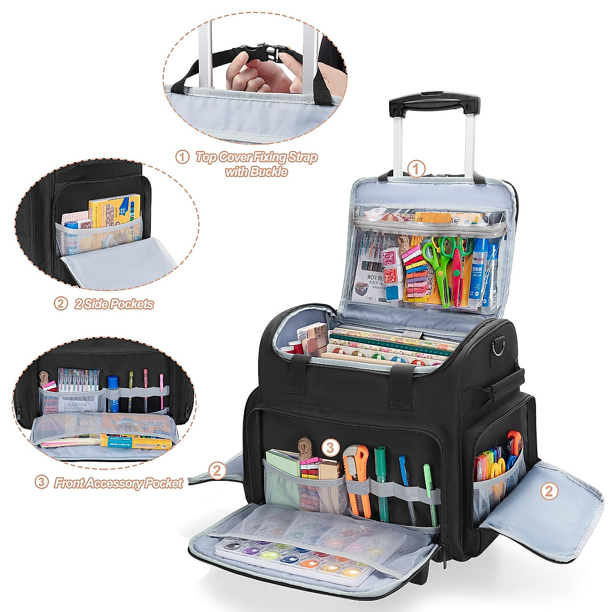 CURMIO Rolling Scrapbook Tote with Wheel, Craft Storage Bag with Expandable File Organizer for Scrapbook Supplies, Albums, Black (Bag Only)