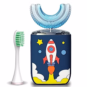 Kids U Shape Electric Toothbrushes Ultrasonic Whole Mouth Auto Toothbrush with 6 Cleaning Modes 2 Brush Heads Brushing Timer Lights IPX7 Waterproof Rechargeable Rocket Cartoon Design for Ages 2-6