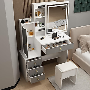 Homsee Vanity Desk Set Makeup Table with Large Sliding Lighted Mirror, Dressing Table with 4 Drawers, Hidden Storage Shelves & Cushioned Stool for Bedroom, White