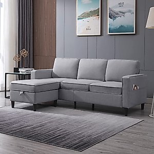 Mjkone 78“ Sectional Sofa Couch for Living Room | Convertible Linen Sofa Chaise with Reversible Storage Ottoman | Modern Modular Sofa with 2 Side Pockets | Small Sofa for Small Places (Light Grey)