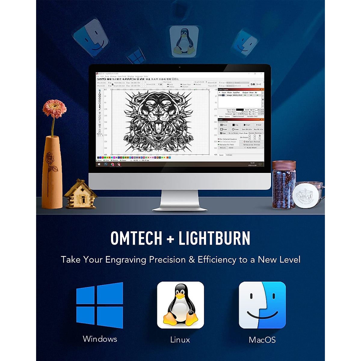 OMTech 90W CO2 Laser Engraver with LightBurn, 24x35 Inch Laser Engraving Cutting Machine with Autofocus Ruida Control Panel 4 Way Pass Air Assist, Commercial Laser Cutter for Wood Glass Acrylic More