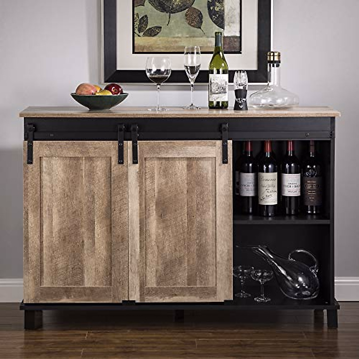 glitzhome Rustic Wine Cabinet with Storage 3-Sections Wood Bar Cabinet with Wine Storage Home Bar Liquor Alcohol Corner Cabinet with Barn Doors Wine Display Sideboard for Kitchen Dining Room, 47.2”L