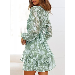 Dokotoo Womens Ladies Casual Summer Birthday Spring Ruffle Elegant Floral Long Sleeve Tie Knot V Neck Cute Chiffon Boho Beach Tunic Swing A Line Mini Short Skater Dresses for Women 2023 Green Large