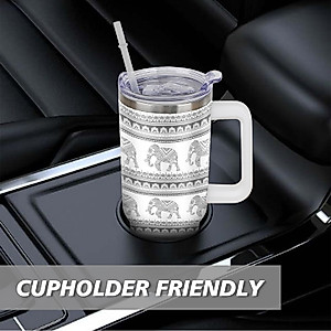 40 oz Elephant Tumbler with Handle and Straw, Gray Mandala Floral Stainless Steel Vacuum Insulated Travel Coffee Mug Cup Water Bottle, Grey Elephant Stuff Accessories Decor Gifts for Women Girls