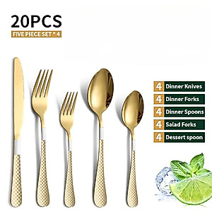 FEIJSQIU 20 Piece Gold Silverware Set Service for 4, Stainless Steel Shiny Cutlery Gold Flatware set Include Knives,Spoons,Forks For Home and Restaurant,Dishwasher Safe.