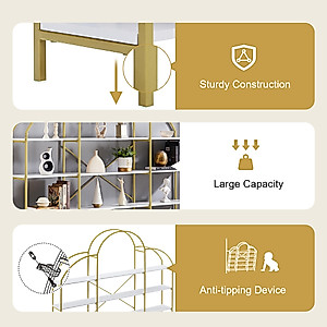 Merax Bookshelf 5 Tiers Bookcase, Gold Display Shelf Organizer with X Bar Frame, Crown-Shaped Design, White