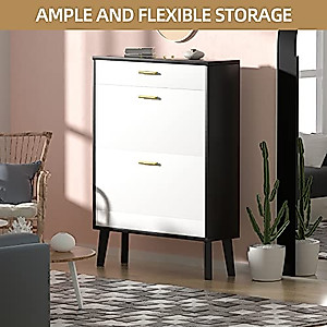 Visionwards Shoe Cabinet, Free Standing Shoe Storage Cabinet, Tipping Bucket Shoe Cabinets with 2 Flip Drawers, Hidden Narrow Shoe Rack Cabinet Storage Organizer for Entryway, Black