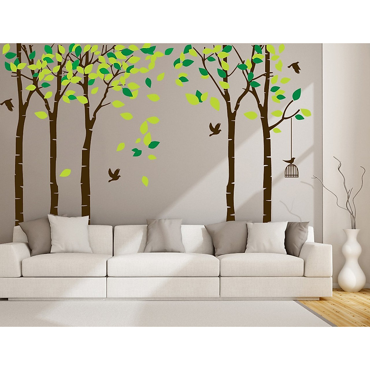Amaonm 104"x71" Giant Large Jungle 5 Trees Wall Decals Green Leaves and Fly Birds Wallpaper Wall Decor DIY Vinyl Wall Stickers for Kids Bedroom Living Room Nursery Rooms Offices Walls (Brown Tree)