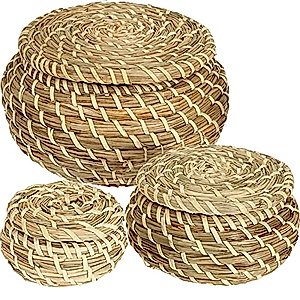 Dicunoy Set of 3 Small Wicker Basket with Lid, Round Woven Seagrass Baskets, Little Handmade Rattan Storage Basket Box for Shelf, Home, Bathroom Decor