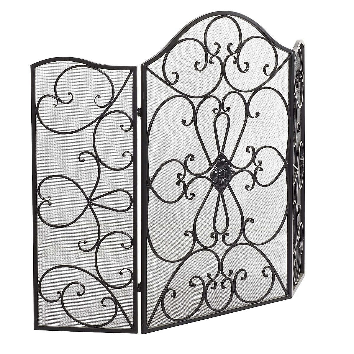 Deco 79 Metal Scroll Foldable Mesh Netting 3 Panel Fireplace Screen, 48" x 1" x 38", Brown
