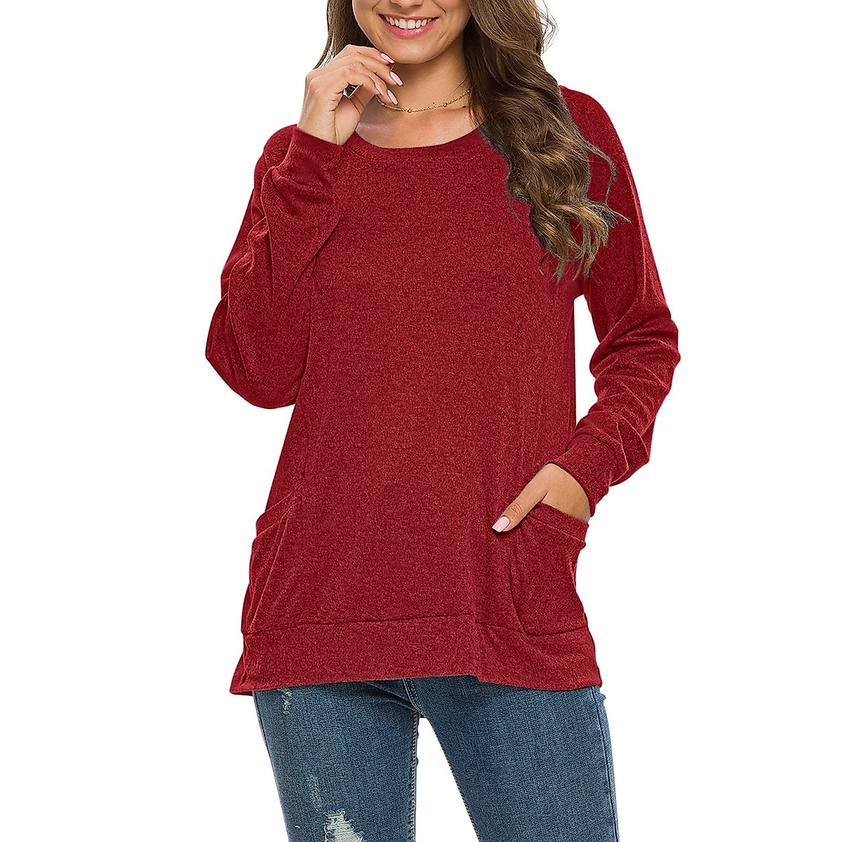 AUSELILY Womens Long Sleeve Tunic Tops Casual Loose Fit Sweatshirts Round Neck Pullover Blouse Sweatshirts with Pocket Ruby XL