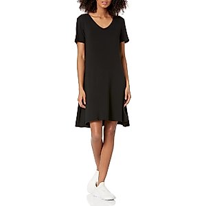 Amazon Essentials Women's Regular Short-Sleeve v-Neck Swing Dress, Black, X-Large
