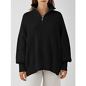 ANRABESS Women's 2023 Fall Oversized Sweater Quarter Zipper Long Sleeve Collar Drop Shoulder Half Zip Casual Slouchy Ribbed Knit Slit Side Sweatshirt Pullover Top 566heise-XS Black