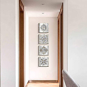 Kas Home Mandala Pattern Room Decor Boho Canvas Wall Art Prints Framed Pictures 4 Pieces Artwork for Living Room Bedroom Bathroom Kitchen Office Home Decoration (14 x 14 x 4, Black)