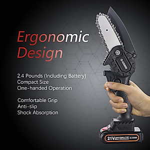 Mini Chainsaw, O-CONN 4 Inch Cordless Handheld Electric Chainsaw with 2 Batteries and 2 Chains, Battery Powered Portable Small Chain Saw with Safety Lock, for Tree Trimming Branch Wood Cutting