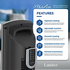 Lasko XtraAir 48 Inch Widespread Home Oscillating Tower Fan with Electronic Controls, Remote, 8 Hour Timer, and Nighttime Setting, Silver