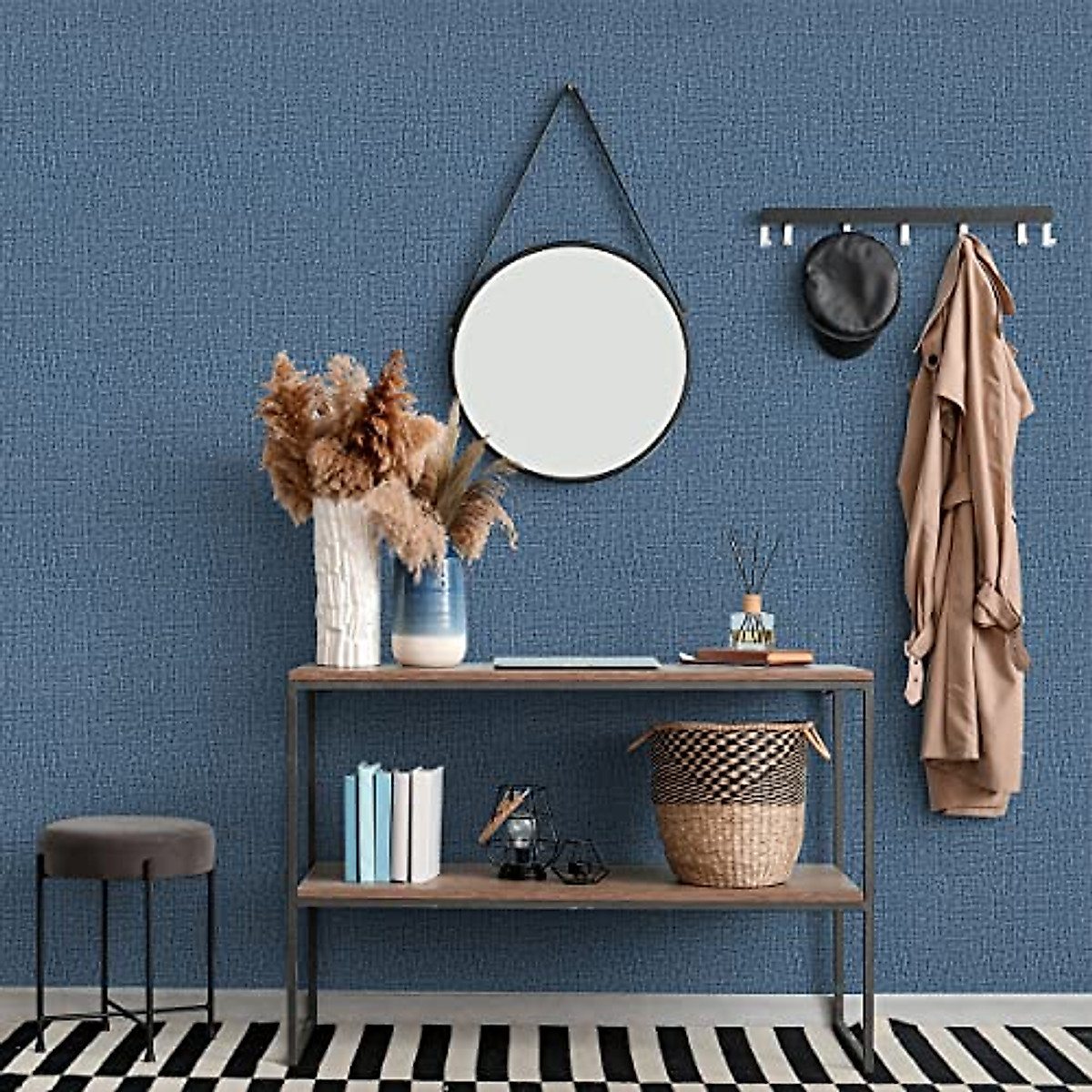 Blue Wallpaper Grasscloth Peel and Stick Wallpaper 17.7inchx118.1inch Textured Wallpaper Peel and Stick Grasscloth Wallpaper Blue Contact Paper for Cabinets Self Adhesive Removable Wall Paper Vinyl