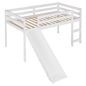 Harper & Bright Designs Kids Loft Bed with Slide,Twin Size Low Loft Beds for Girls Boys Solid Pine Wood Toddler Loft Bed with Ladder and Guard Rails,White