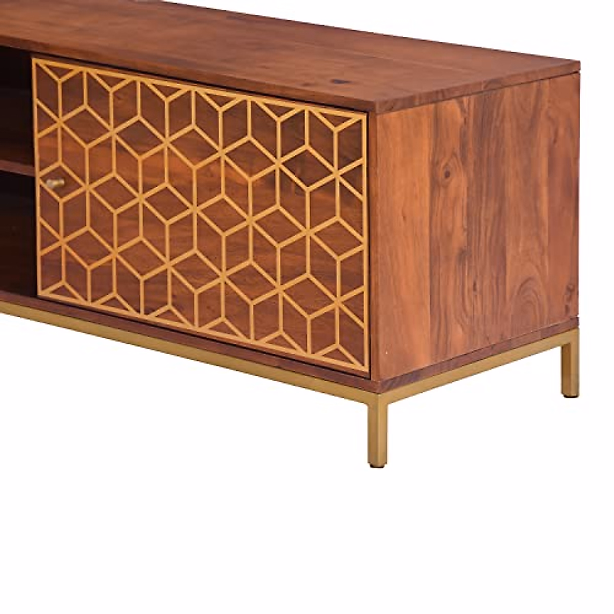 The Urban Port Kalyn 75-Inch Handcrafted TV Media Console Entertainment Center, 2 Doors, Center Shelf, Geometric Design Print, Brown Acacia Wood, Brass