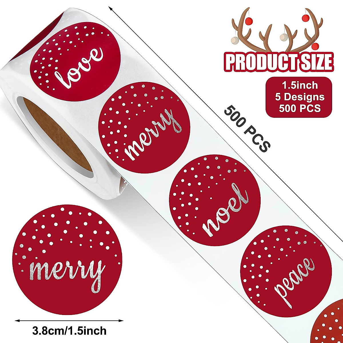 500 Pieces Merry Christmas Stickers Labels for Envelopes 1.5 Inch Joy Peace Love Red Christmas Foil Seal Stickers Roll Holiday Stickers Xmas Labels Roll for Greeting, Sealing, Gifting, Gift Decor