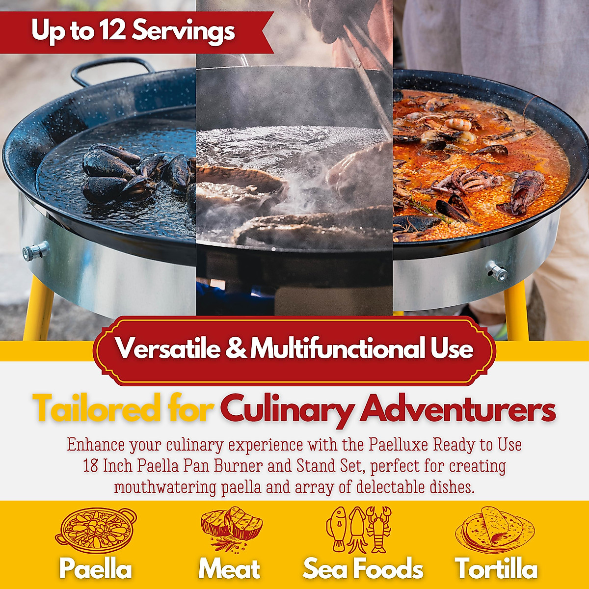 Paelluxe Complete Paella Pan Burner & Stand Set 12 Servings - Dual Propane - 18-Inch Steel Pan - Portable Gas Stove - Wok, Pots, Cast Iron - Ideal for Camping Grill, Backyard