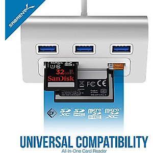 SABRENT Premium 3 Port Aluminum USB 3.0 Hub with Multi-in-1 Card Reader (12" Cable) for iMac, All MacBooks, Mac Mini, or Any PC (HB-MACR)
