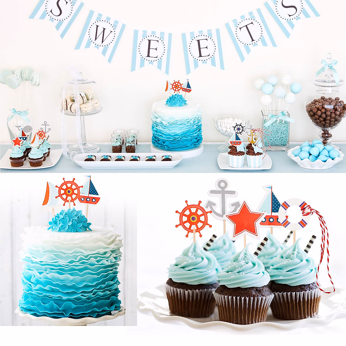72 Pieces Nautical Cupcake Toppers Ocean Theme Toothpicks Birthday Cake Picks Decorations for Navy Baby Shower Party Favors Supplies