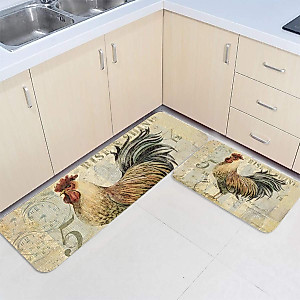 2 Piece Kitchen Mats Cushioned Anti Fatigue Chicken Cock Rooster Waterproof Non Slip Kitchen Rugs Washable Indoor Outdoor Vintage Rustic Farmhouse 15.7x23.6+15.7x47.2