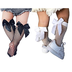 AYIYO Toddler Kids Girls Fishnet Stockings Mesh Fancy Sock Glitter Tights Summer Dress Socks 2 Pairs (Black+White, 1_year)