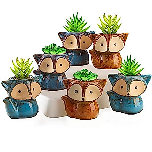 Dicunoy 6 Pack Mini Animal Succulent Planters, 3.5" Ceramic Fox Flower Pots with Drainage Hole, Cute Cactus Planter for Indoor Plants, Home, Office, Window Decoration