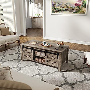 Furmax Coffee Table with Storage and Sliding Barn Doors, Farmhouse Living Room Table with Adjustable Shelves, Wood Rustic Center Table for Home Living Meeting Room (Light Rustic Oak)