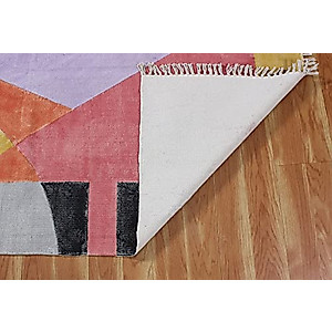 Casavani Hand Made Cotton Dhurrie Geometric Yellow & Pink Tassel Rug Easy Care Washable Rugs for Doormat Entryway Living Room Bedroom Hallway Balcony 4x12 Feet Runner