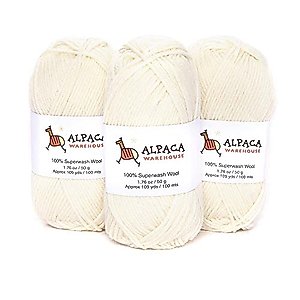 100% Pure Wool Yarn Superwash Set of 3 Skeins (150 Grams) DK Weight - Sourced Directly from Peru - Heavenly Soft and Perfect for Knitting and Crocheting (Jasmine White)