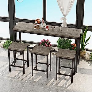INCLAKE Long Dining Table Set for 3 People, 4 Piece Dining Table Set with 3 Bar Stools, Modern Kitchen Table and Chairs Set with Footrest for Living Room Restaurant Pub, Brown Gray