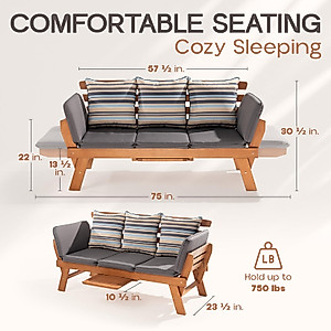 Idzo Amelie Outdoor Daybed Sofa: 750lbs Max Weight Support, Sleeper Chair with Armrest, Coffee Tray, 3 Pillows, FSC Wood, Gray, Ideal for Outdoor Couch