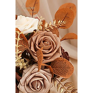 floroom Artificial Flowers 25pcs Real Looking Earth Tones Ombre Colors Foam Fake Roses with Stems for DIY Wedding Bouquets Bridal Shower Centerpieces Party Home Decorations