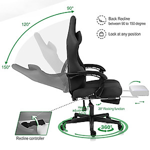 Gaming Chair,Big and Tall Gaming Chair with Footrest,Ergonomic Computer Chair,Fabric Office Chair with Lumbar Support,360 Degree Swivel and Height Adjustment,Video Gaming Chair for Adults-Black