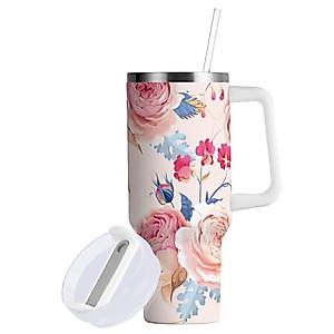 Floral Rose Pink 30 oz Tumbler with Handle and Straw Lid, 100% Leak-proof Travel Coffee Mug, Stainless Steel Insulated Cup For Beverages, Cupholder Friendly