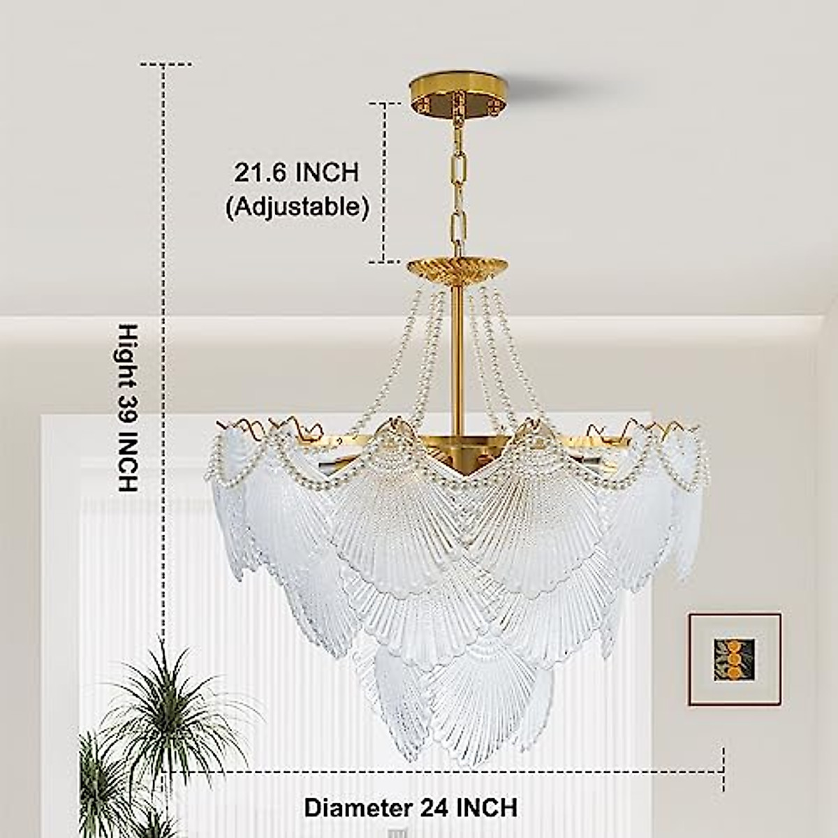 FINE MAKER Modern Glass Chandelier, 24'' Golden Vintage Chandelier for Dining Room, 3 Tiers Hanging Pendant Ceiling Light Fixture with Glass Shell Pearl Shades for Living Room, Bedroom, Kitchen