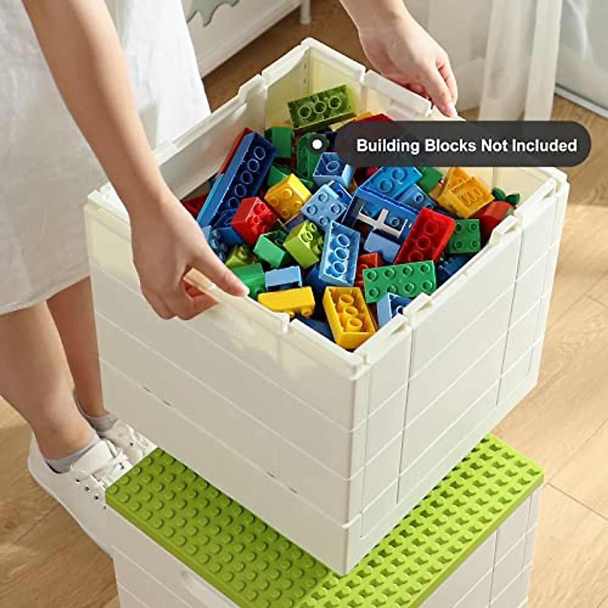 SHIMOYAMA Folding Duplo Storage Box, 2 Pack, 25L Storage Bin with Building Lid, 26 Qt. Collapsible Organizer for Duplo Blocks, Green and Blue