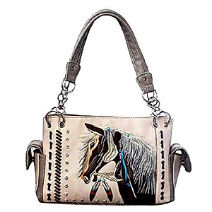 Texas West Western Dales Pony Horse White Mane Embroidery Feather Conceal Carry Women Handbag Purse in 5 colors (Tan)