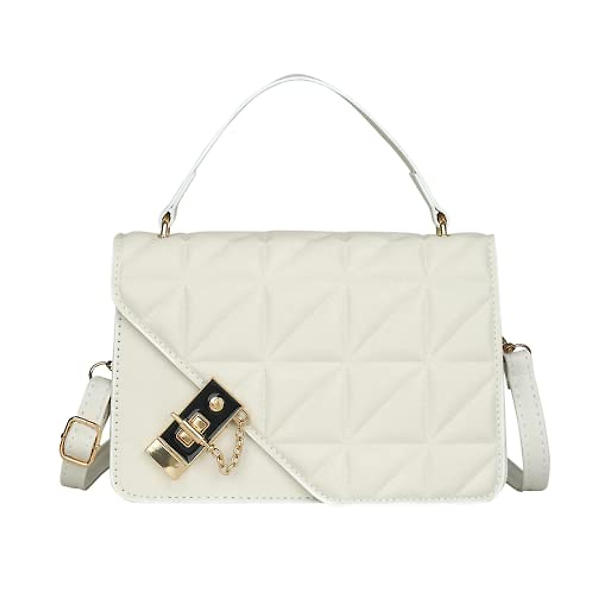 Ladies crossbody leather handbag in three classic colors with a creative geometric design and a small buckle chain closure.  (White)