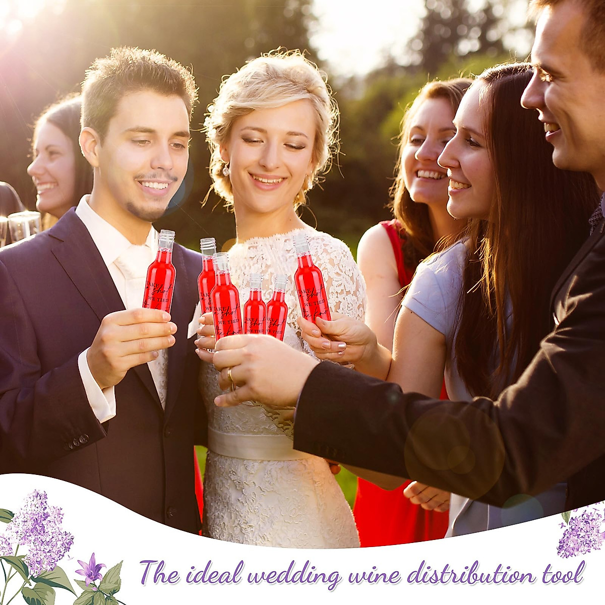 Bokon Mini Wedding Liquor Bottles Take a Shot We Tied The Knot Shot Glasses for Guests 1.7 Fl Oz/ 50 ml Plastic Reusable Empty Bottle with Cap Funnel Acrylic Shot Bottles for Bridal Party (100 Pcs)