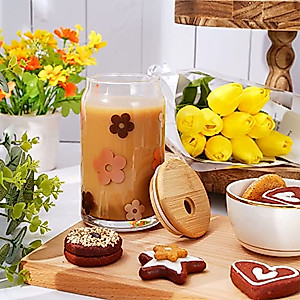 Whaline Drinking Glasses with Bamboo Lids and Glass Straw 4pcs Set - 16oz Can Shaped Glass Cup, Beer Glass, Iced Coffee Glass, Cute Tumbler Cup, Ideal for Cocktail, Whiskey, Gift - 2 Cleaning Brushes